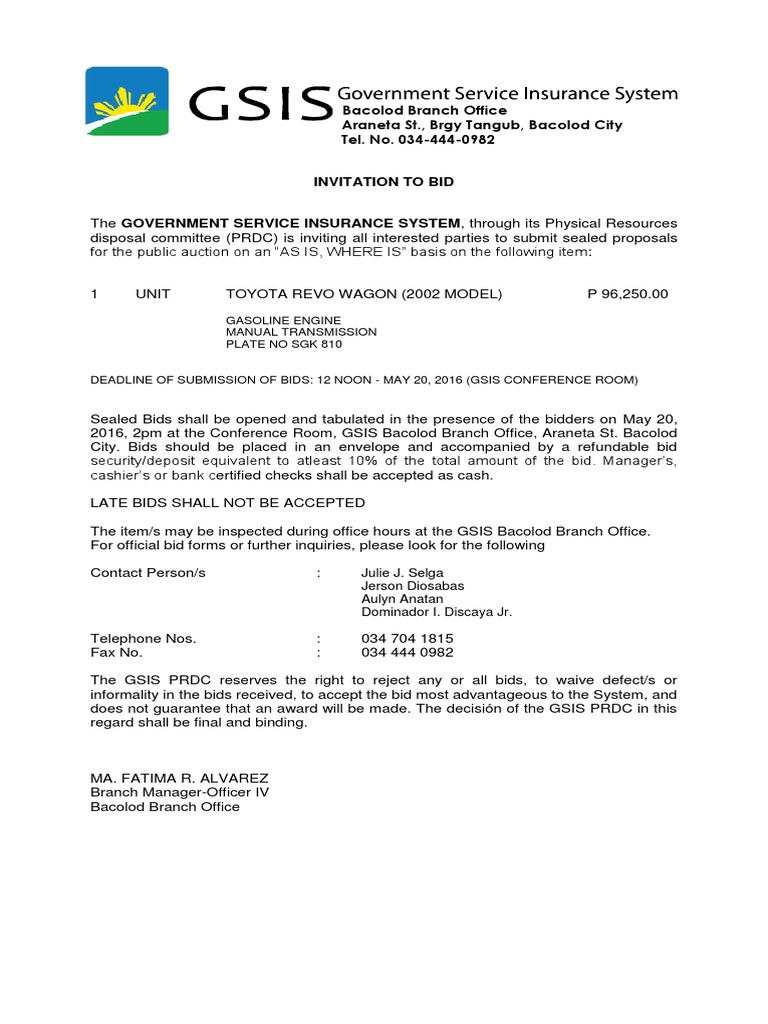 20160503-ITB-Disposal of Unserviceable Vehicle From GSIS Bacolod-BO PDF ...
