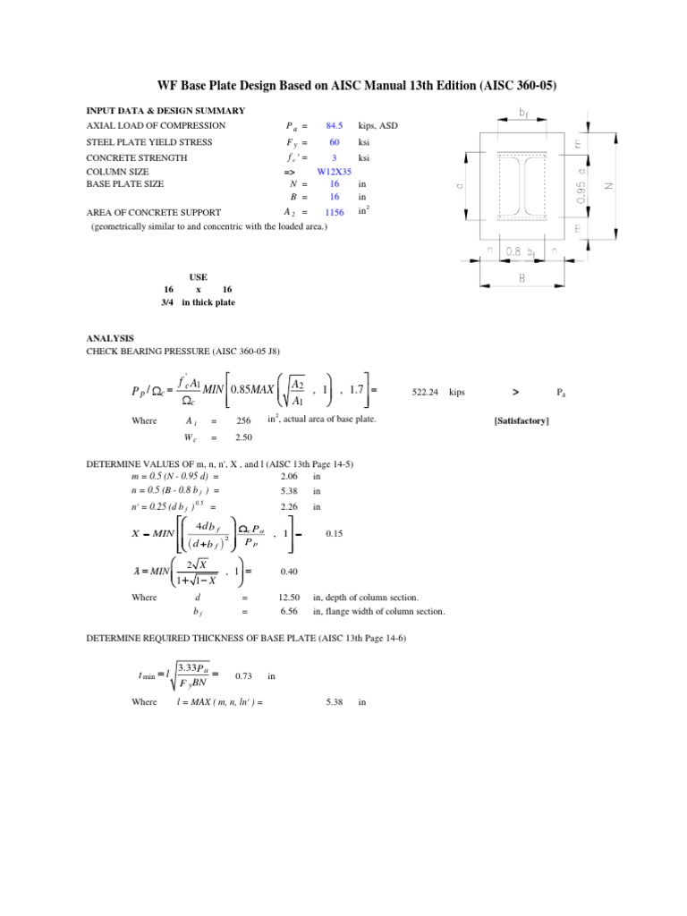 WF Base Plate Design Based On AISC Manual 13th Edition (AISC 360-05) | PDF | Solid Mechanics ...