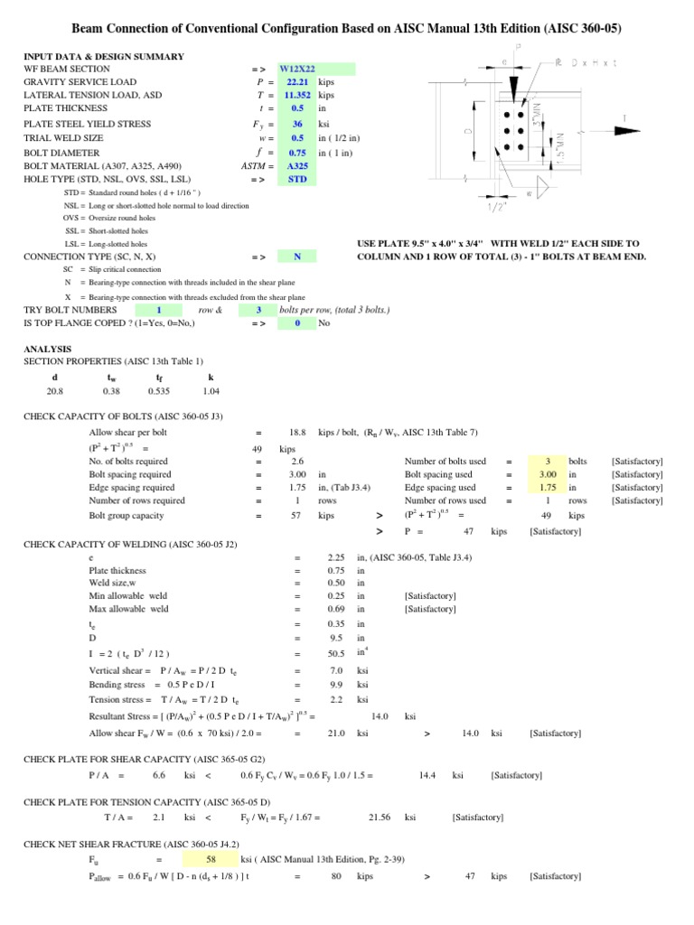 Beam Connection of Conventional Configuration Based On AISC Manual 13th Edition (AISC 360-05 ...