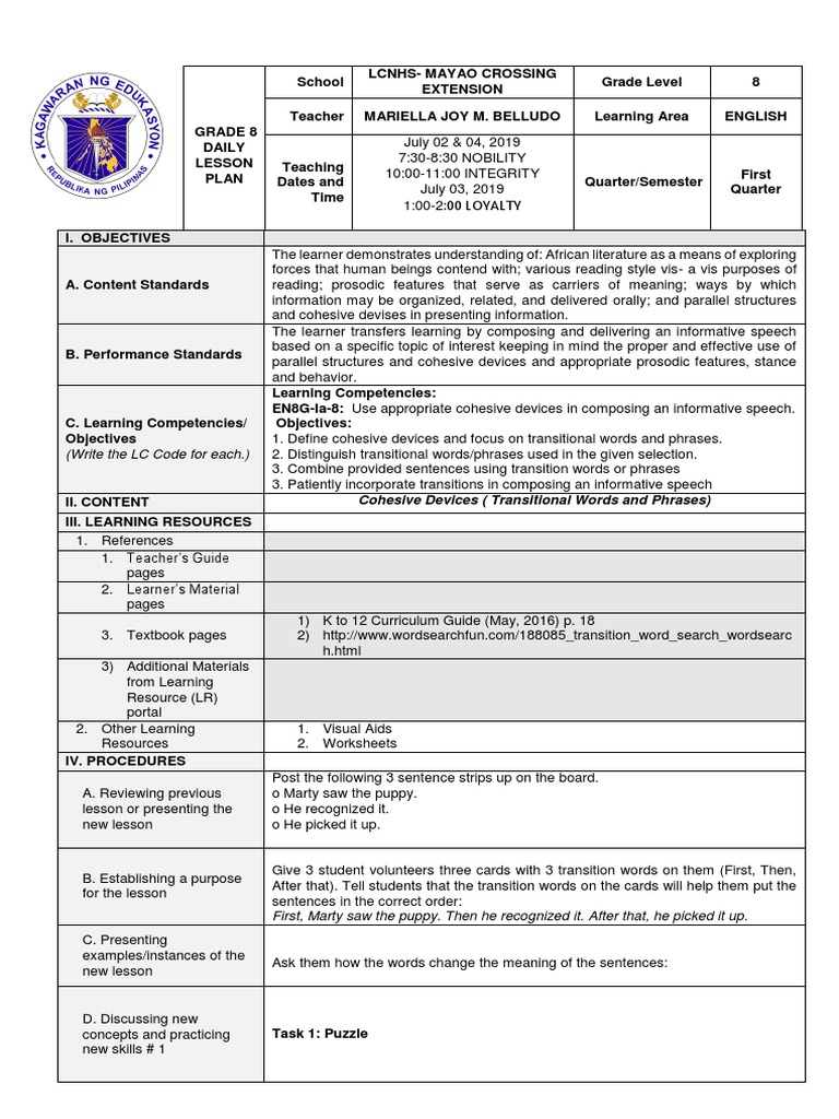 (Write The LC Code For Each.) : Cohesive Devices (Transitional Words ...