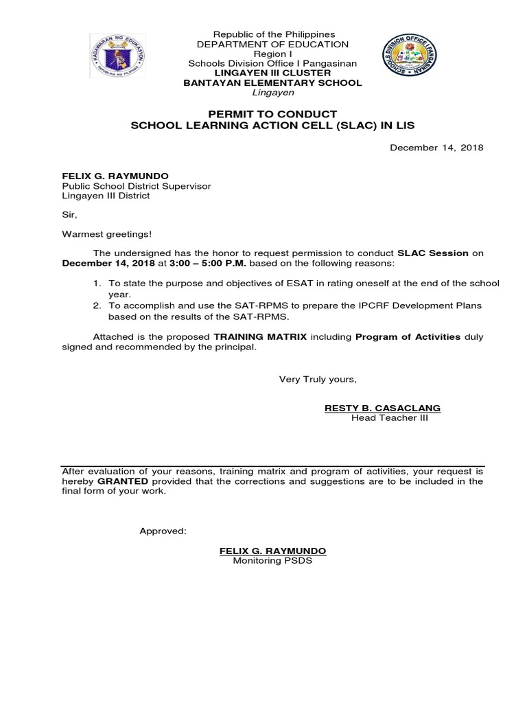 Permit To Conduct School Learning Action Cell (Slac) in Lis: Lingayen ...