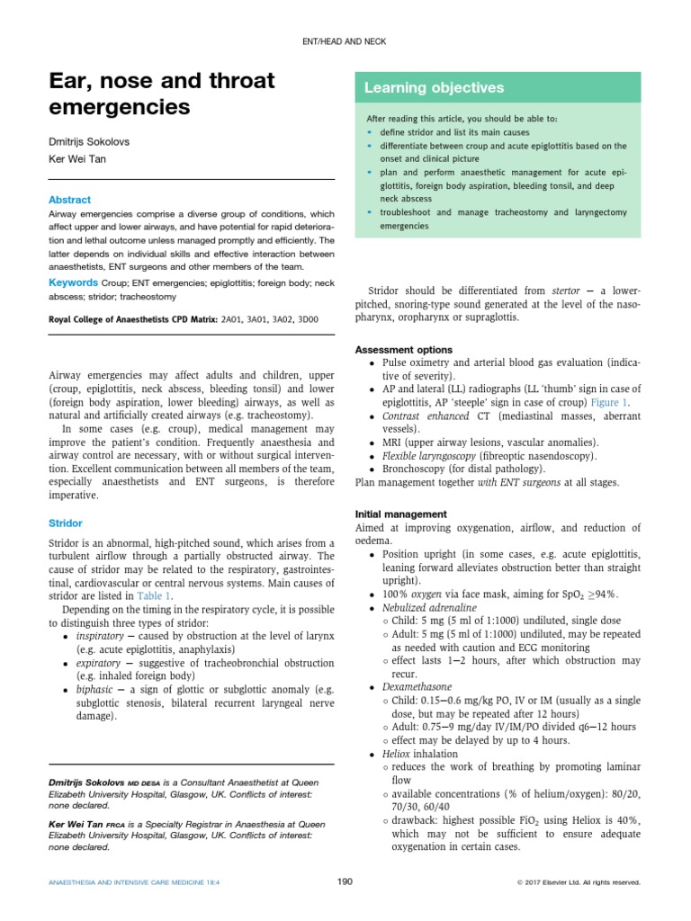 Ear, Nose and Throat Emergencies: Learning Objectives | PDF ...
