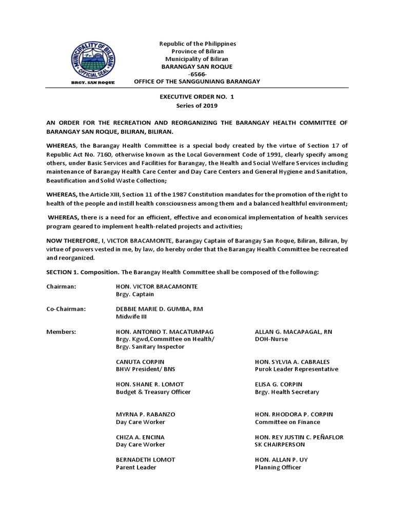 BARANGAY HEALTH Council Executive Order Edit | PDF | Virtue | Government