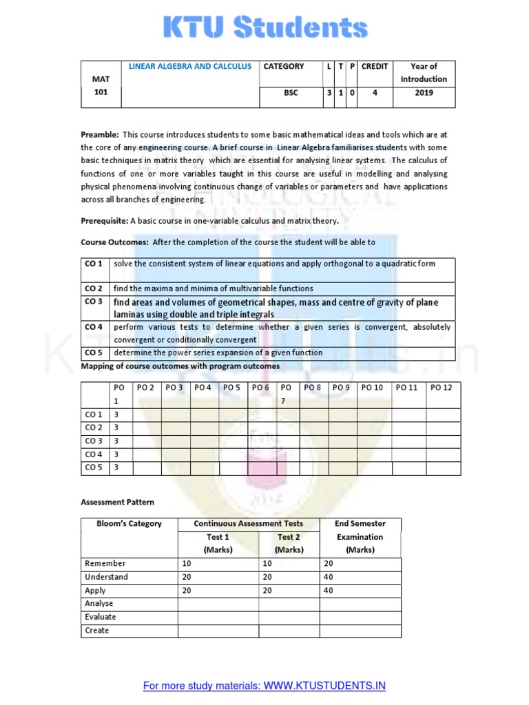 Linear Algebra and Calculus 2019 Syllabus Ktustudents - in | PDF | Fourier Series | Series ...