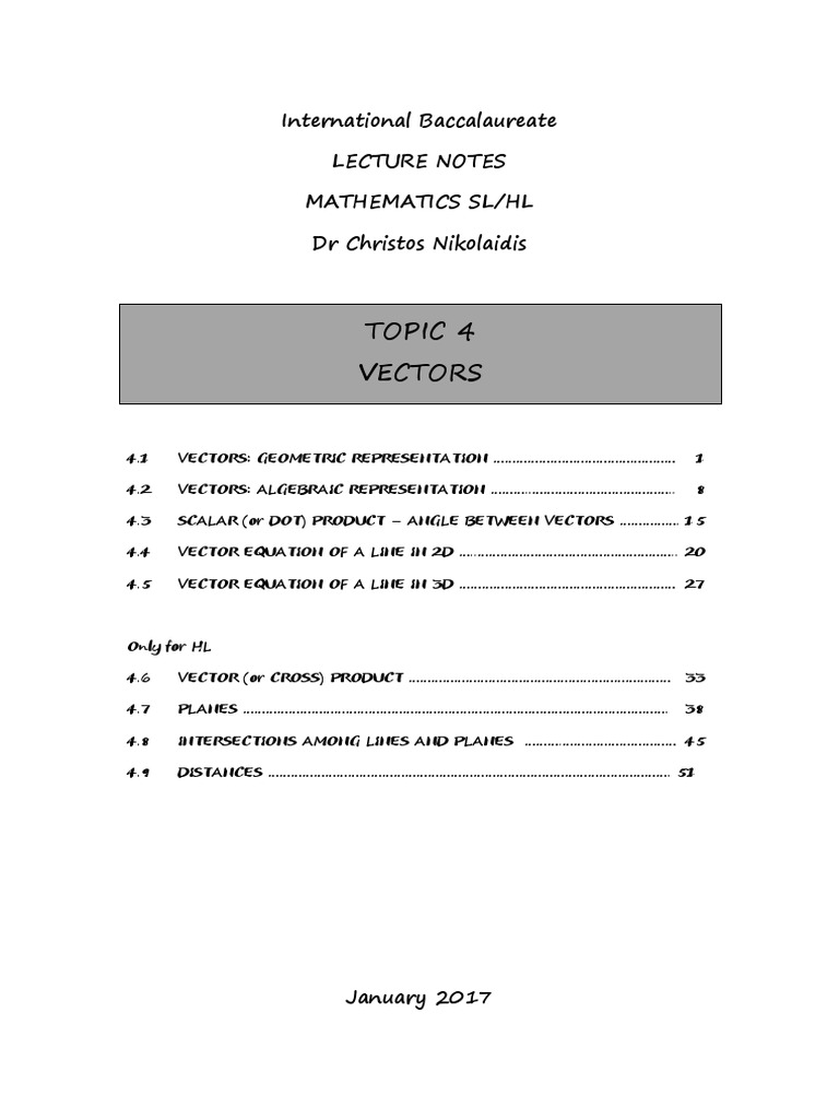 IB Math SL/HL Vectors Lecture Notes | PDF | Euclidean Vector | Line ...