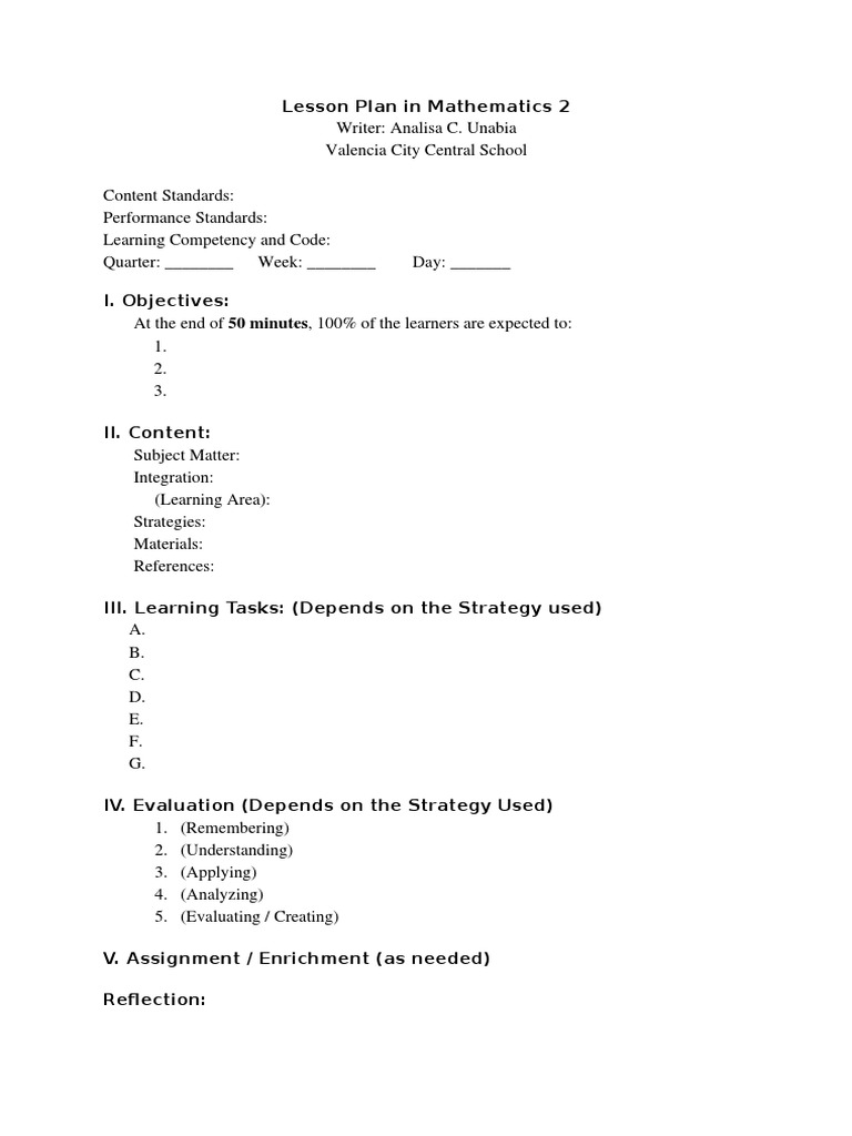 Mathematics Lesson Plan Template | PDF | Career & Growth | Art