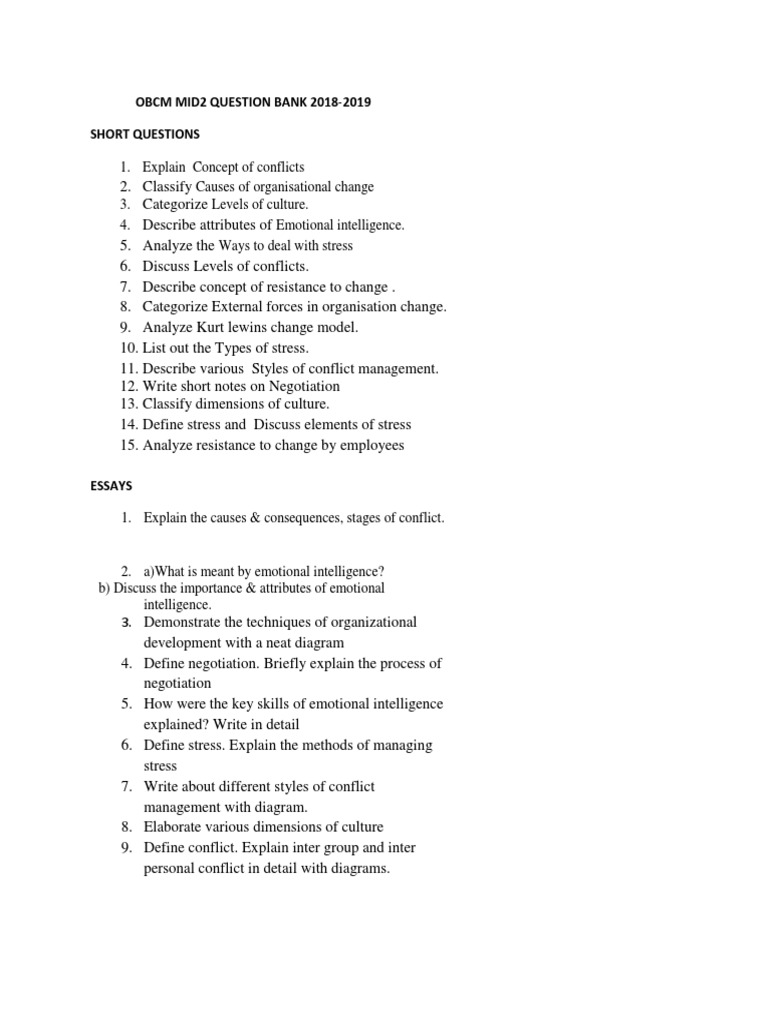 Obcm Mid2 Question Bank 2018-2019 Short Questions | PDF