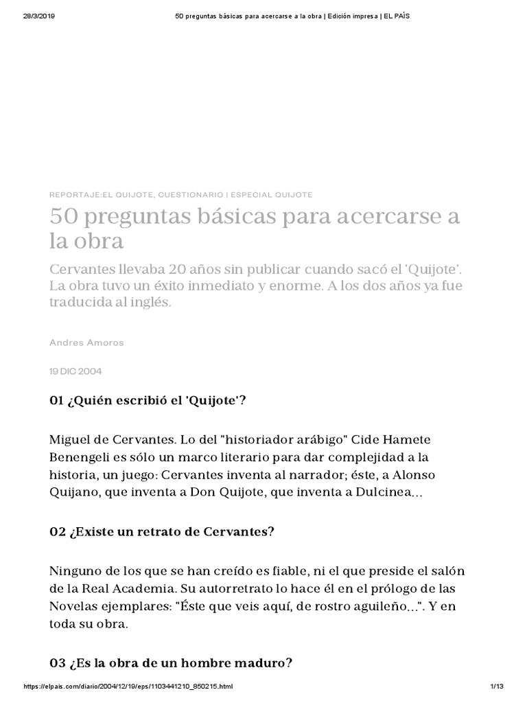 50 Preguntas para Acercarse A EL Quijote | PDF | Don Quijote | Miguel ...