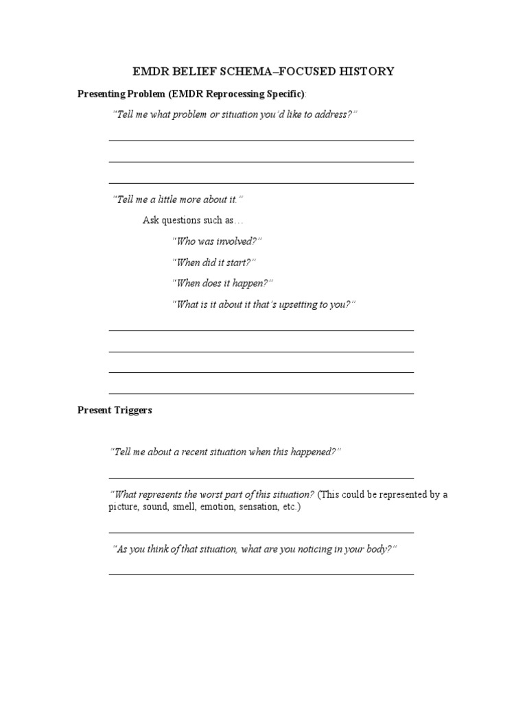 Emdr Belief Schema-Focused History | PDF | Eye Movement Desensitization ...