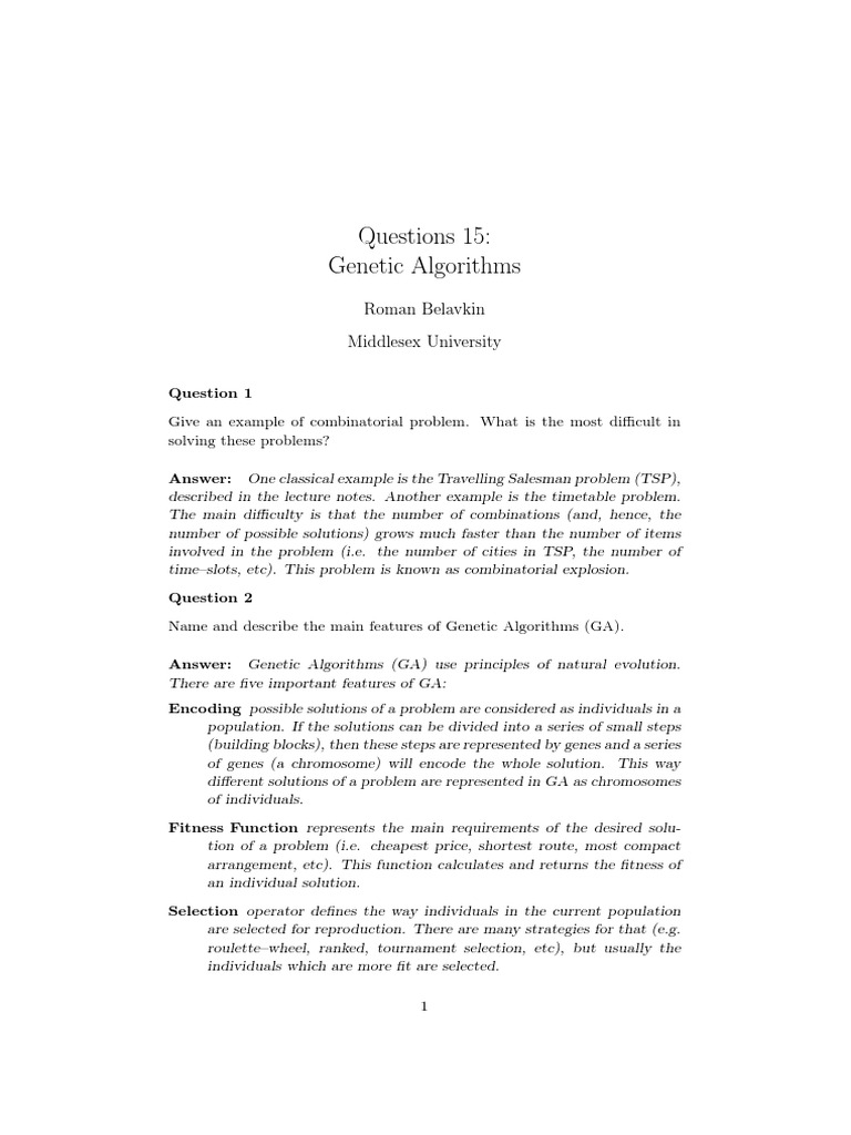 Questions 15: Genetic Algorithms: Roman Belavkin Middlesex University | PDF | Genetic Algorithm ...