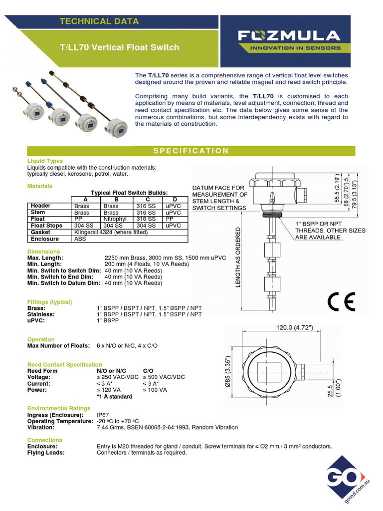 Data Sheet Fozmula TLL70 Fozmula Vertical Float Switch | PDF | Switch ...