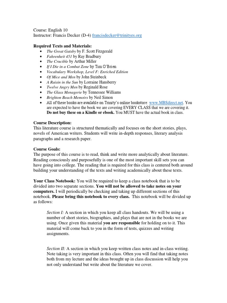 English 10 Syllabus 2019-2020 | PDF | Homework | Learning