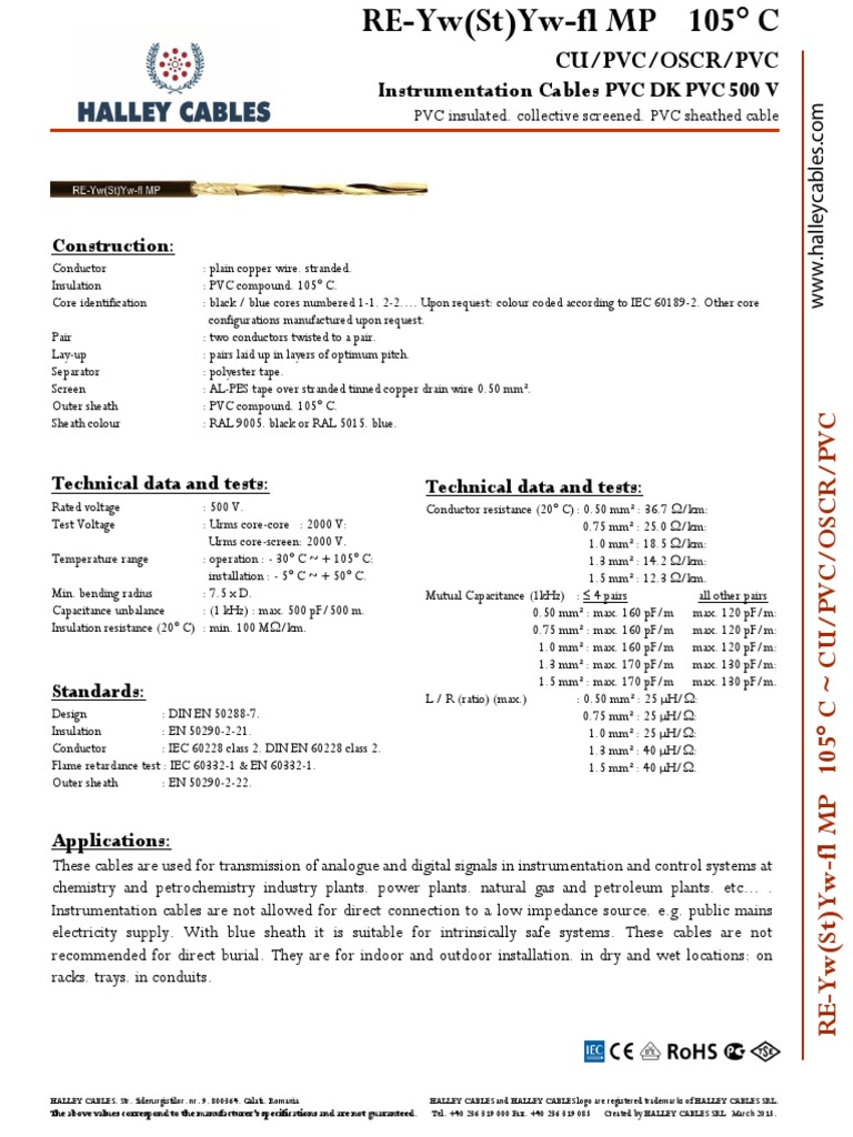 Instrumentation Cables Specifications | PDF | Wire | Polyvinyl Chloride