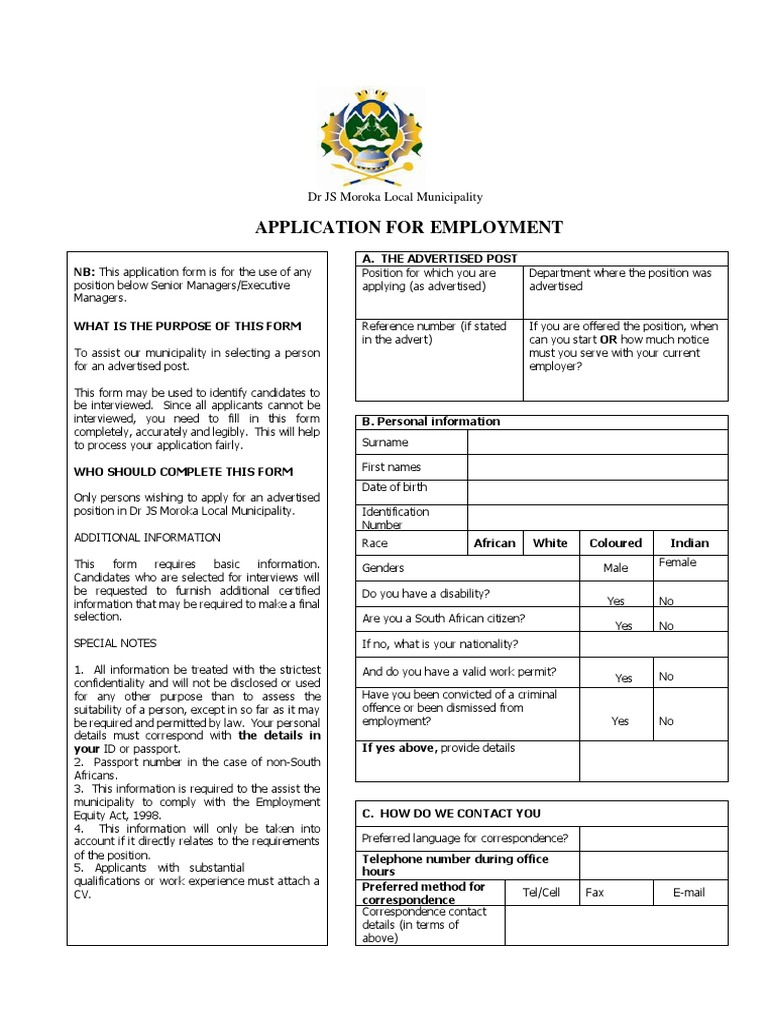 Dr JS Moroka Job Application Form | PDF | Advertising | Government