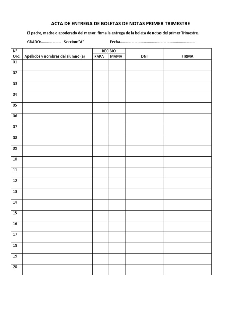 Acta de Entrega de Boletas de Notas Primer Trimestre | PDF