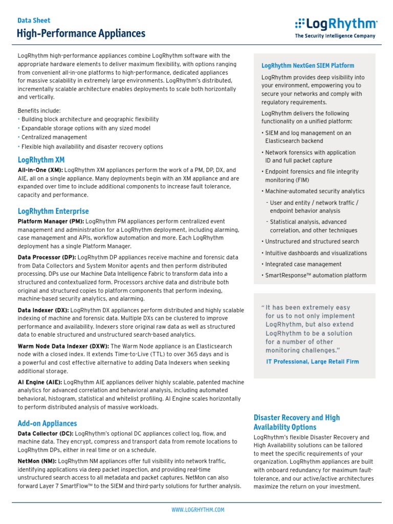 LogRhythm High Performance Appliances Data Sheet | PDF | Scalability | Analytics