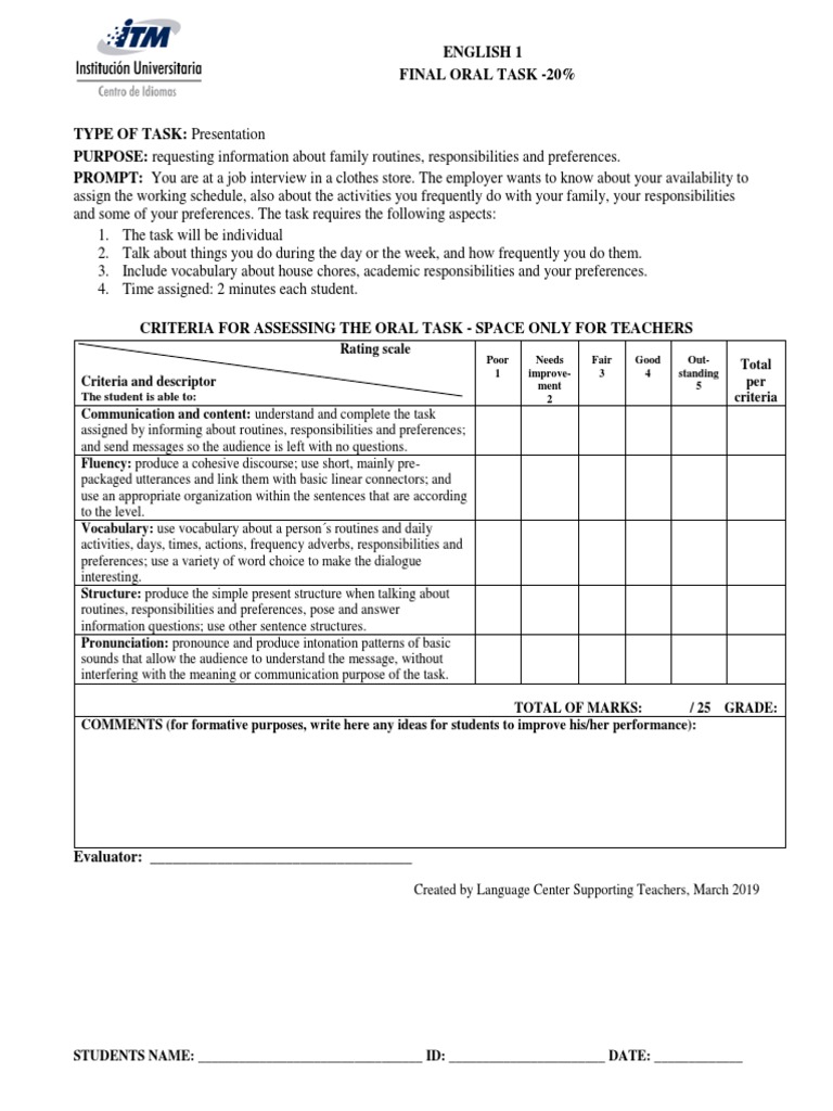 English Oral Task: Family Routines Presentation | PDF | Vocabulary ...