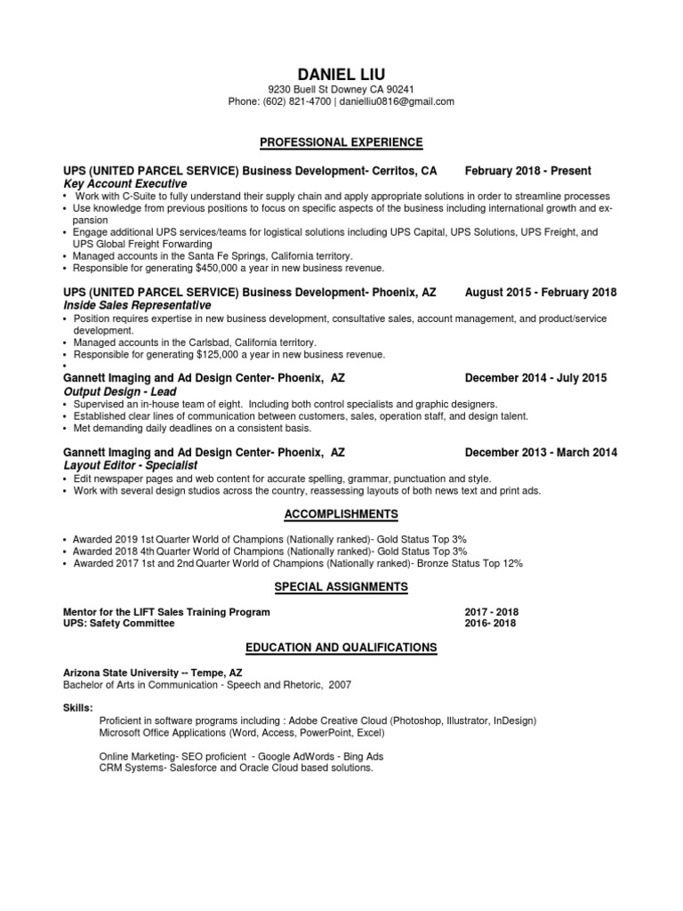 Resume - Daniel Liu Aug 2019 3 | PDF | United Parcel Service | Advertising