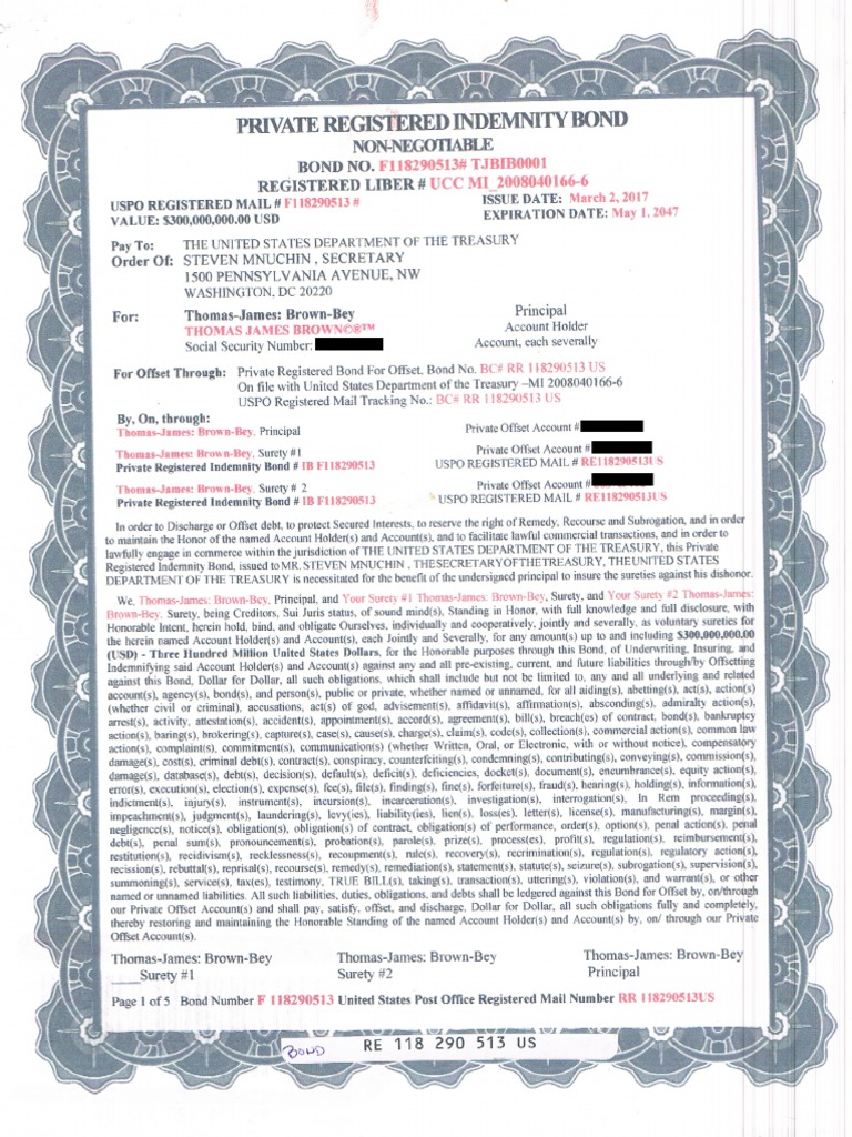 Re118290513us Private Registered Indemnity Bond U.S. Treasury BLK | PDF