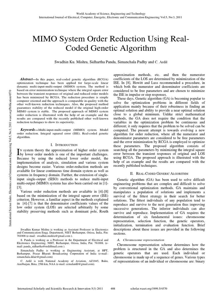 Mimo System Order Reduction Using Real Coded Genetic Algorithm Pdf Genetic Algorithm