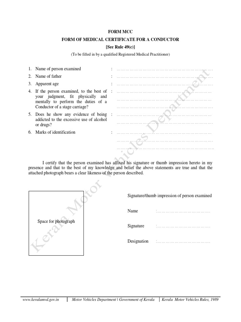 Form MCC Form of Medical Certificate For A Conductor (See Rule 49 (C ...