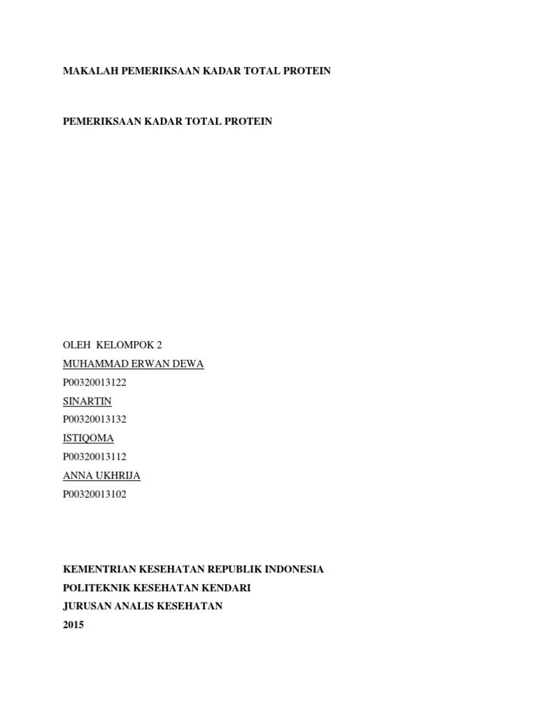 Makalah Pemeriksaan Kadar Total Protein | PDF