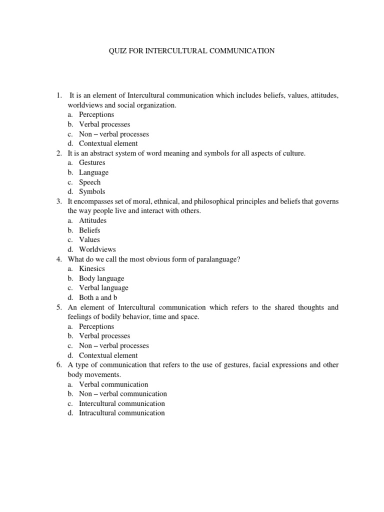 Quiz For Intercultural Communication | PDF | Cross Cultural ...