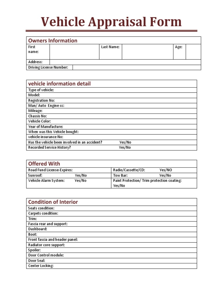 Vehicle Appraisal Form | PDF