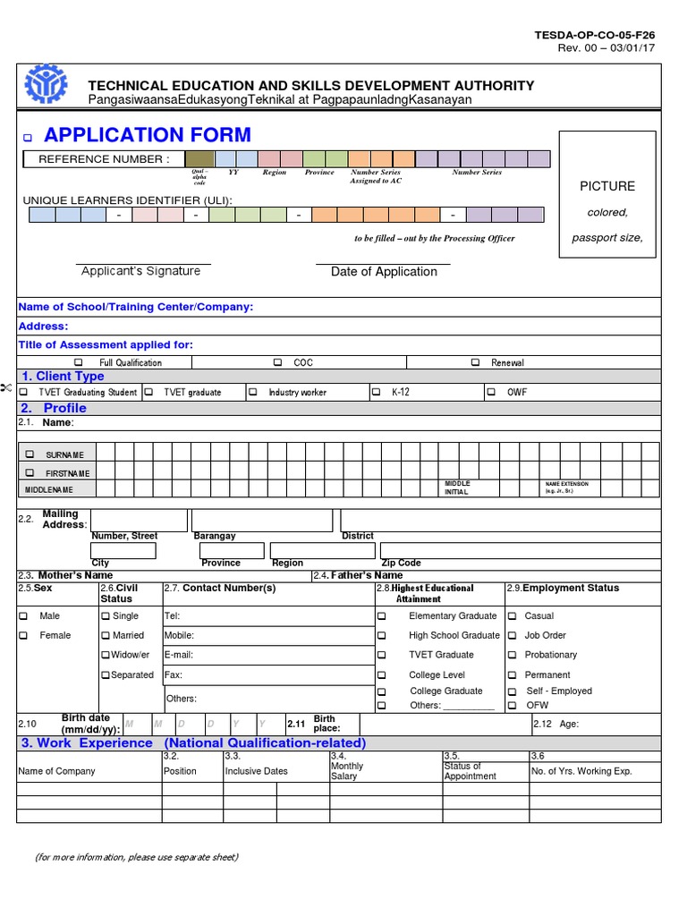 Application Form: Technical Education and Skills Development Authority ...