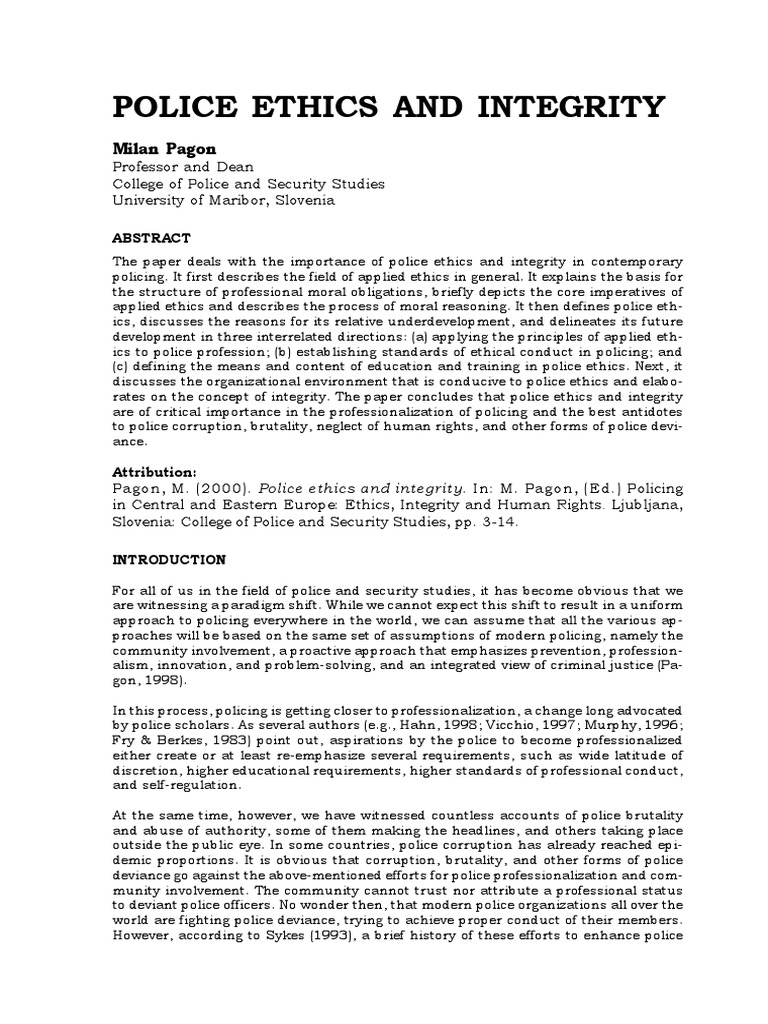 Police Ethics and Integrity | PDF | Integrity | Morality