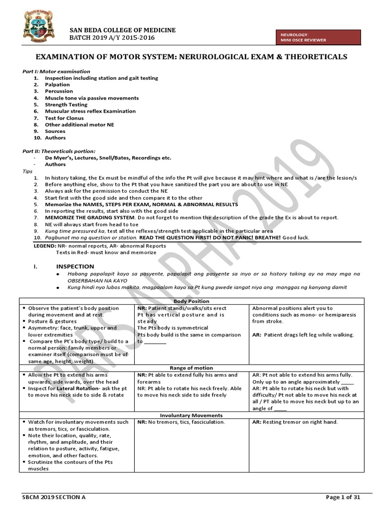 Neurological Motor System Examination Guide | PDF | Human Leg | Elbow