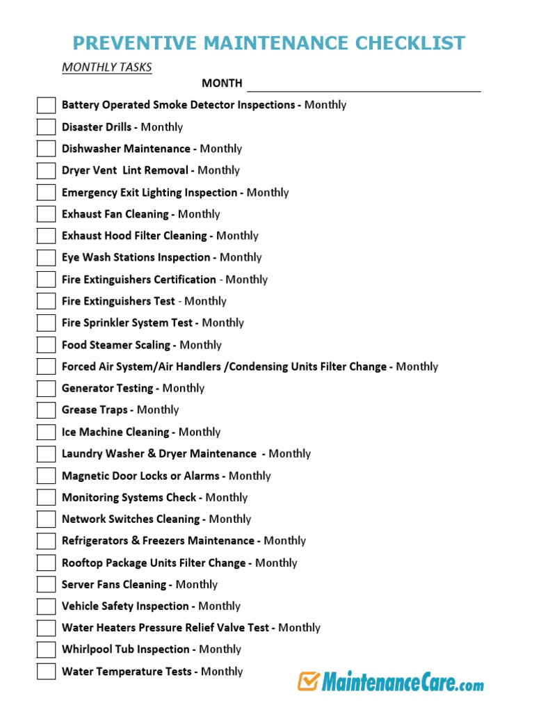 Preventive Maintenance Checklist: Monthly Tasks | PDF | Clothes Dryer ...