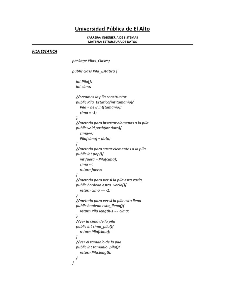 Implementación de Pilas en Java | PDF | Algoritmos y Estructuras de Datos | Métodos formales