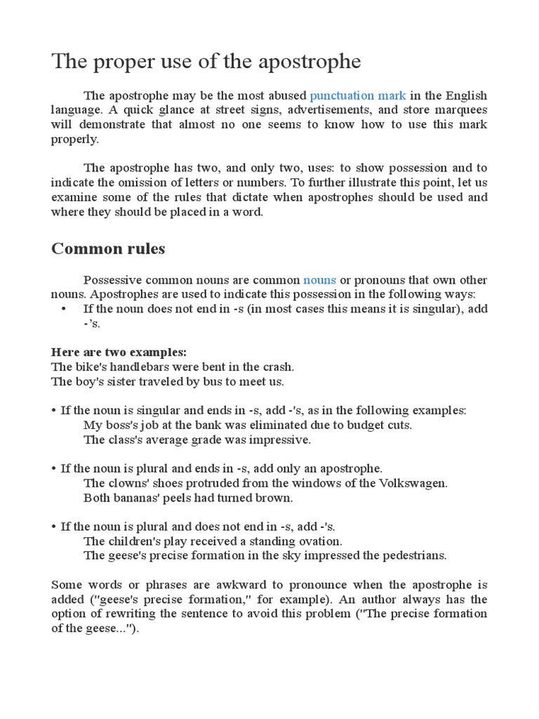 The Proper Use of The Apostrophe: Common Rules | PDF | Noun | Plural