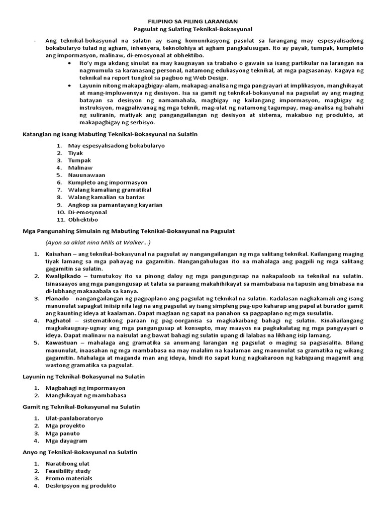 Filipino Sa Piling Larangan TVL Handouts | PDF