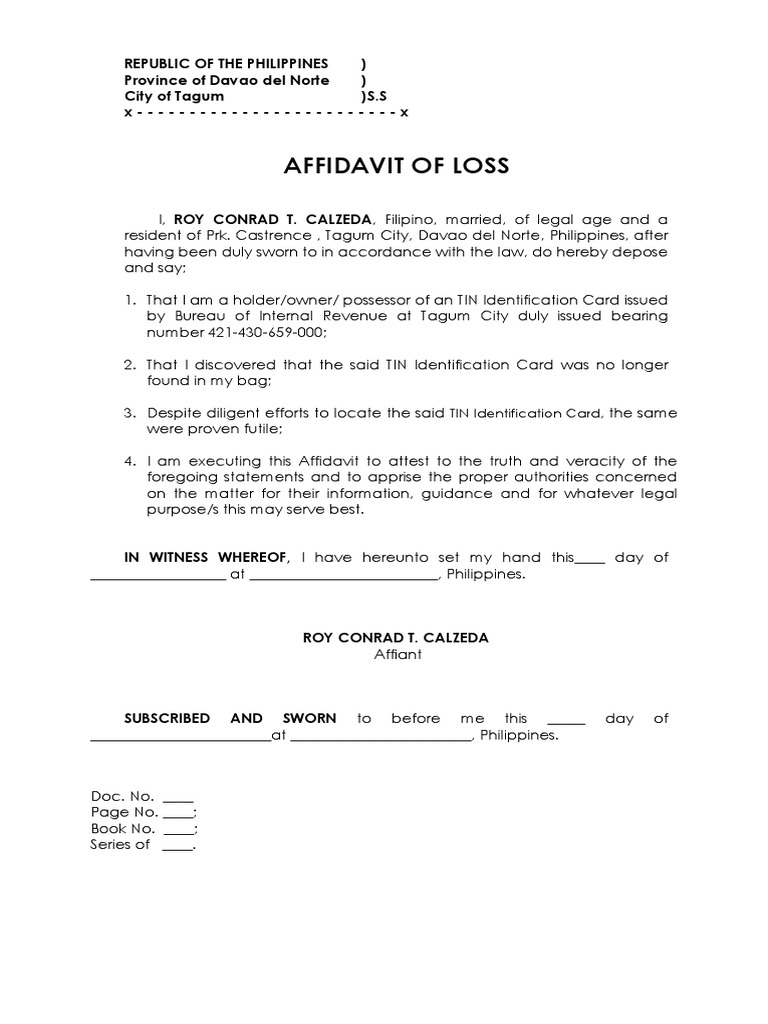 Affidavit of Loss: TIN Identification Card | PDF | Affidavit | Civil Law (Common Law)