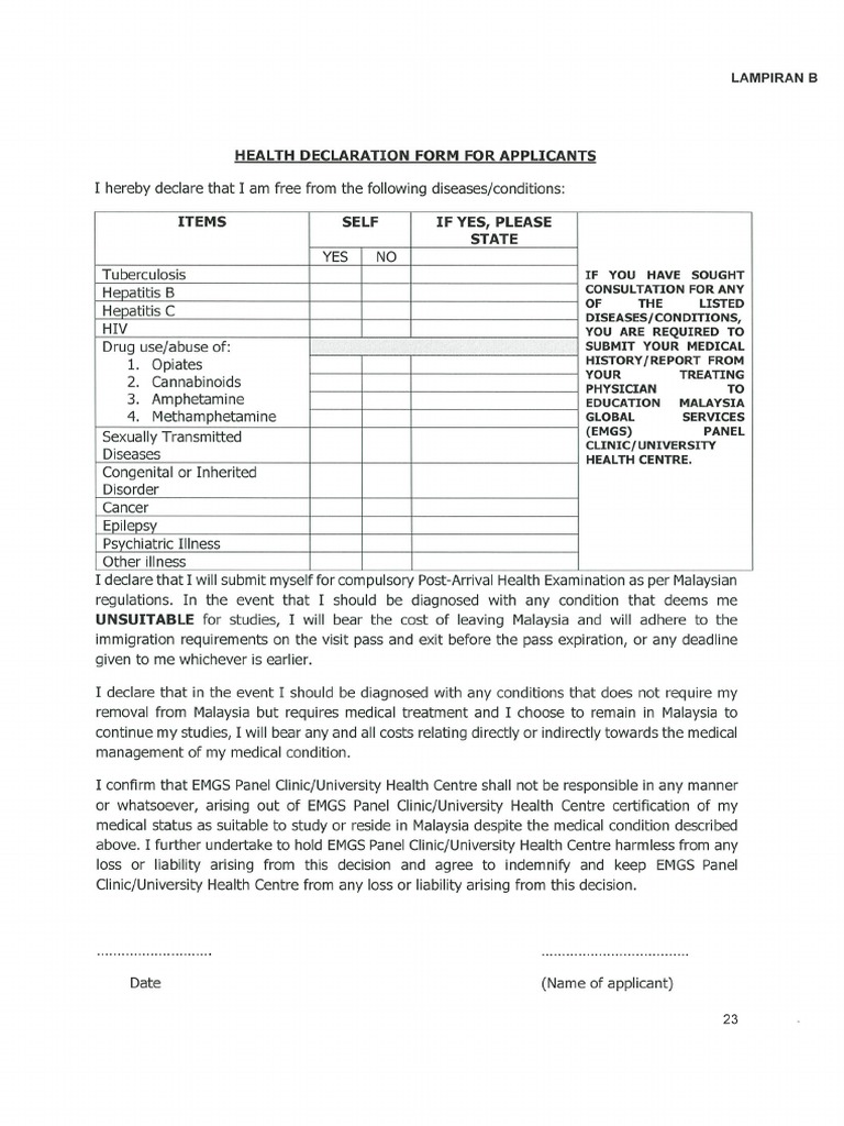 Lampiran B - Health Declaration Form For Applicants | PDF