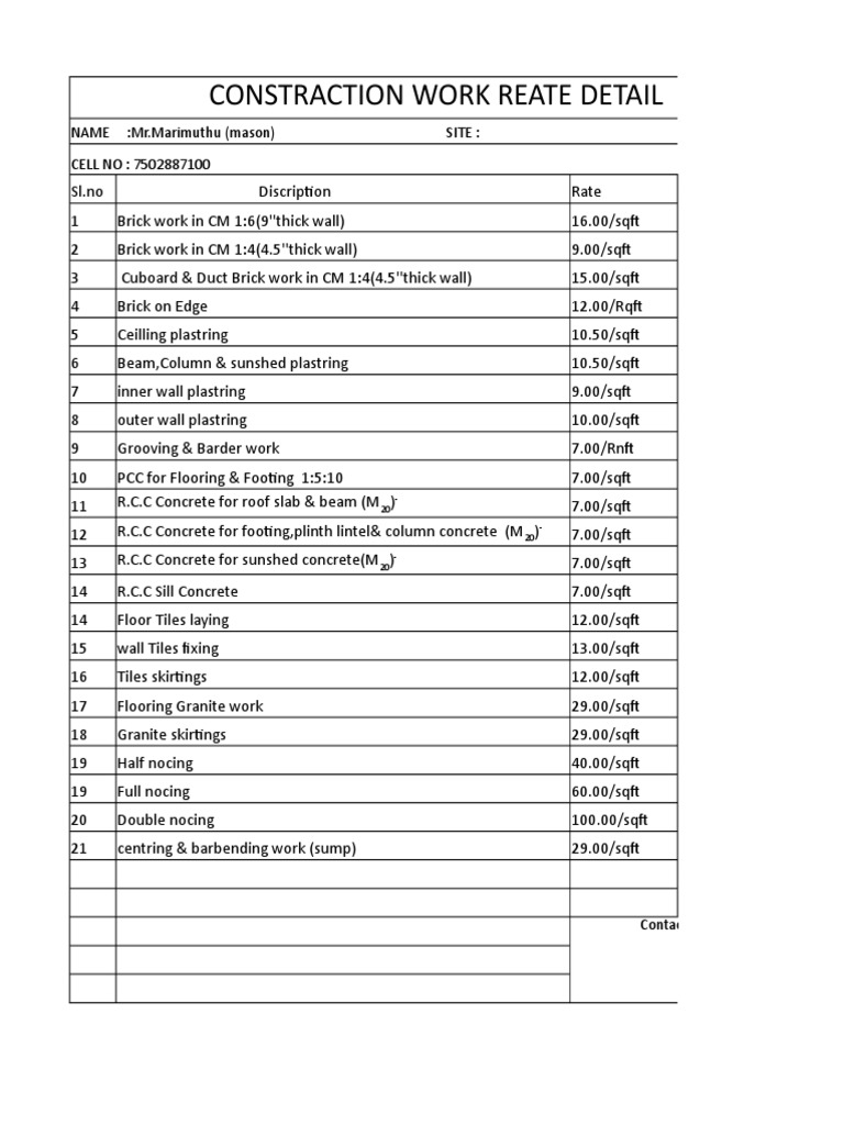 Masonry and Construction Rate List | PDF