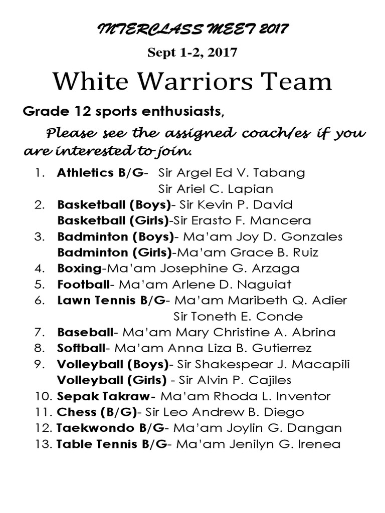 White Warriors Team: Interclass Meet 2017 | PDF