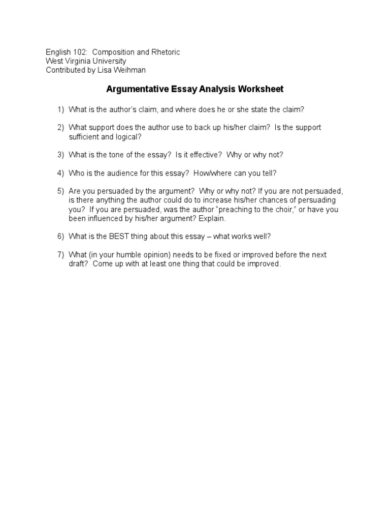Argumentative Essay Analysis Worksheet | PDF