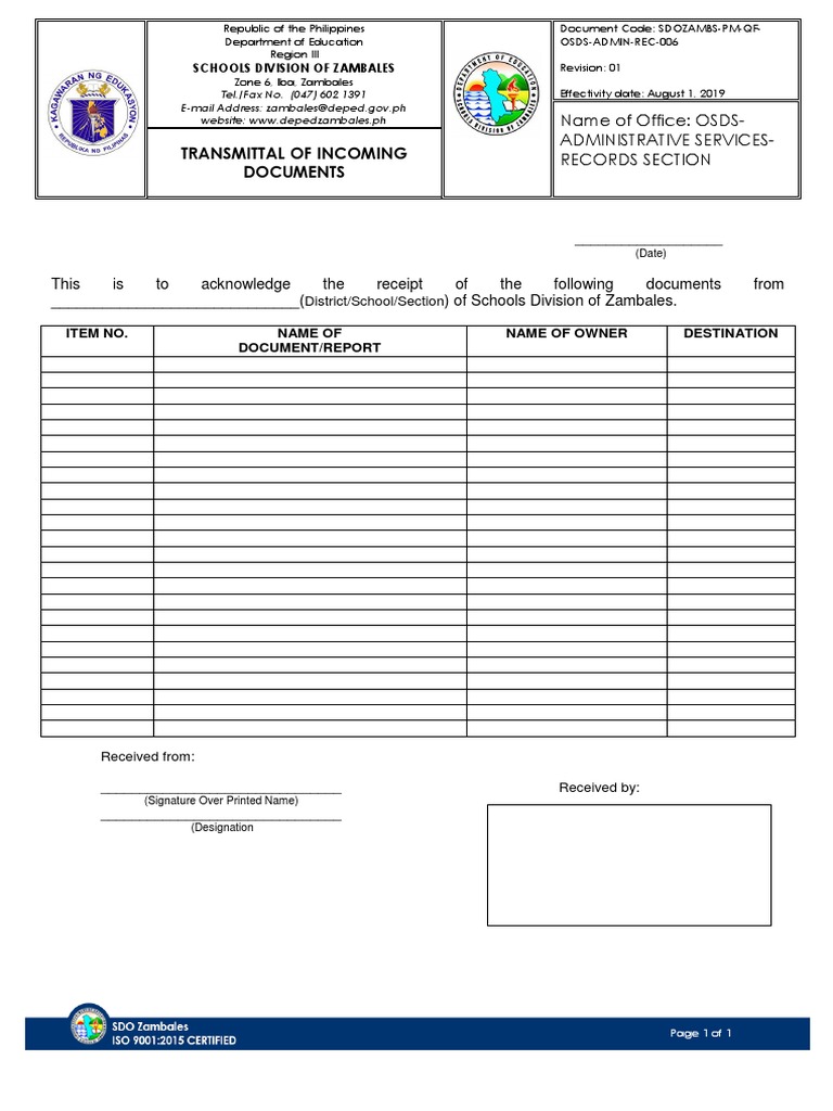 REC 006 Transmittal of Incoming Documents | PDF