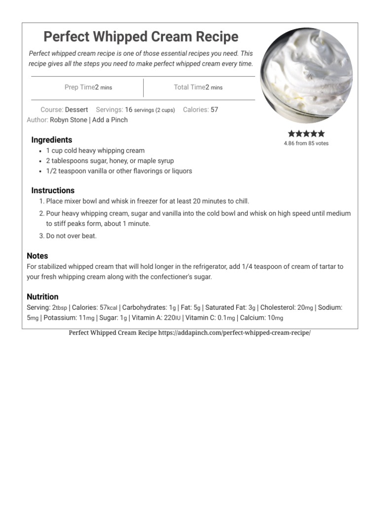 Perfect Whipped Cream Recipe - Add A Pinch | PDF | Whipped Cream | Cream