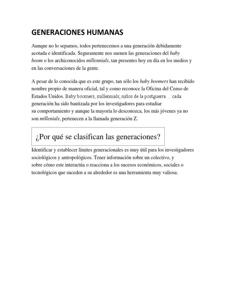 Clasificación de Generaciones Humanas | PDF | Millennials | Baby Boomers