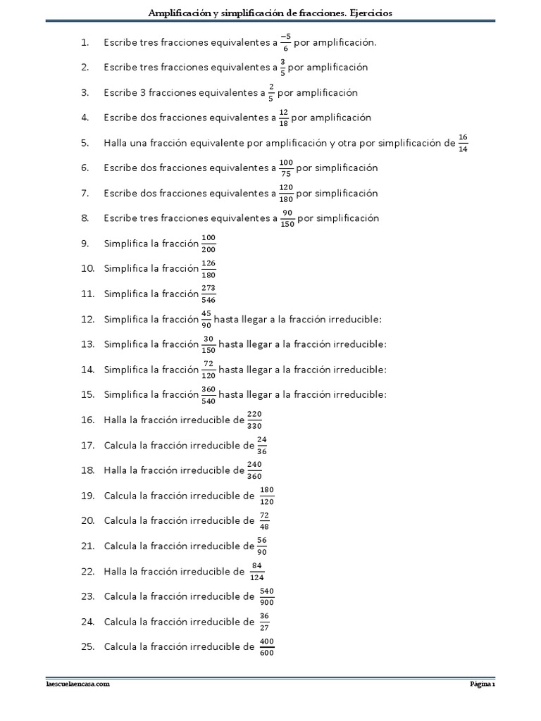 03 Amplificacion y Simplificacion de Fracciones Ejercicios | PDF