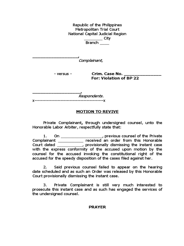 Motion to Revive Provisionally Dismissed Case | PDF