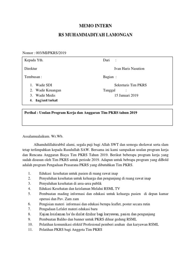 Memo Intern Usulan Program Kerja 2019 | PDF | Karier & Perkembangan | Bisnis