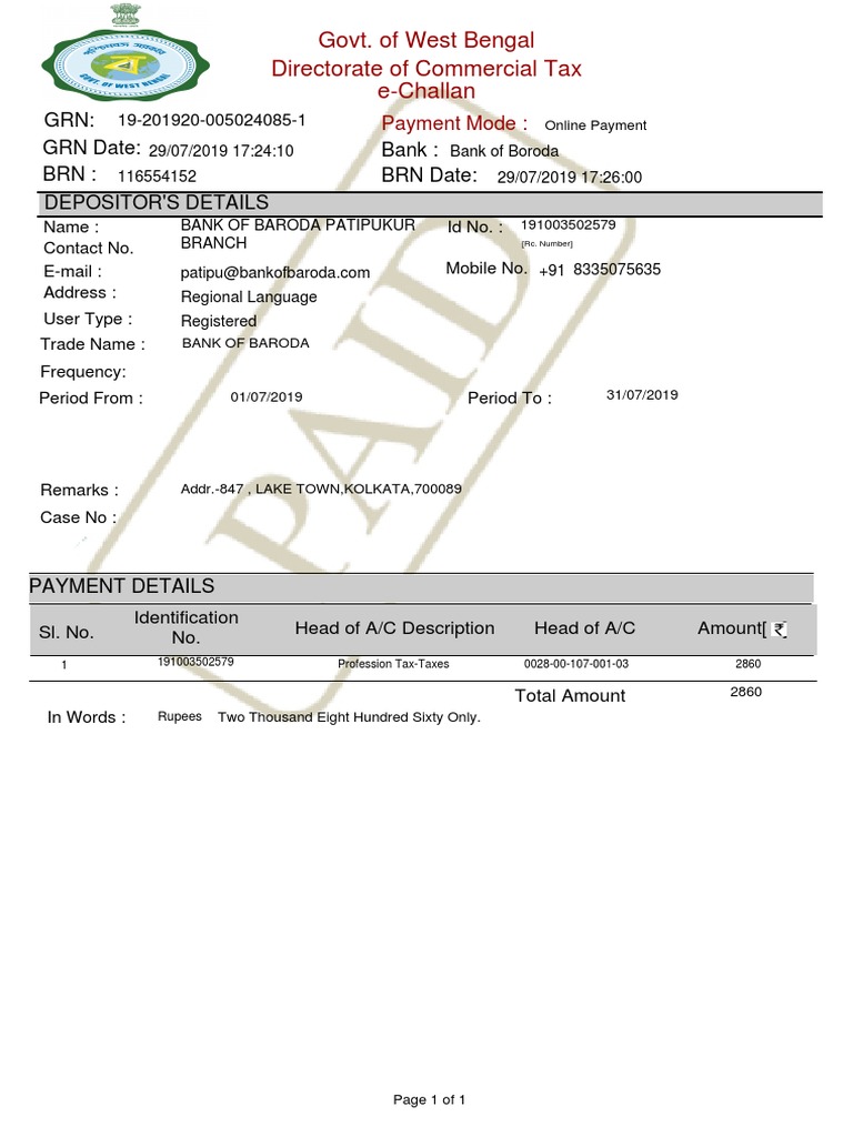 Govt. of West Bengal E-Challan Directorate of Commercial Tax | PDF ...