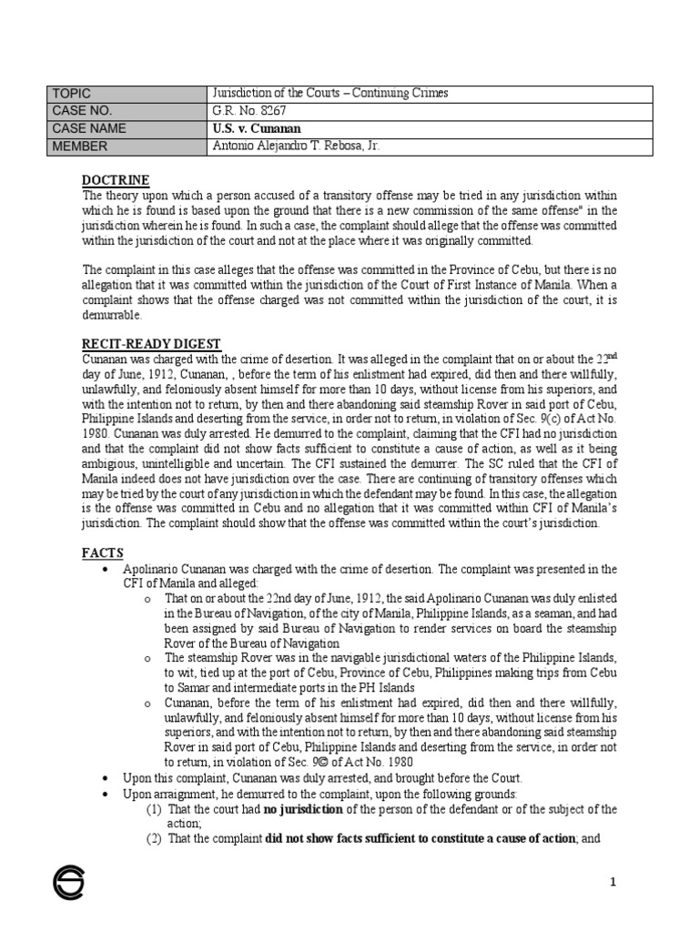 U.S. v. Cunanan | PDF | Demurrer | Criminal Justice