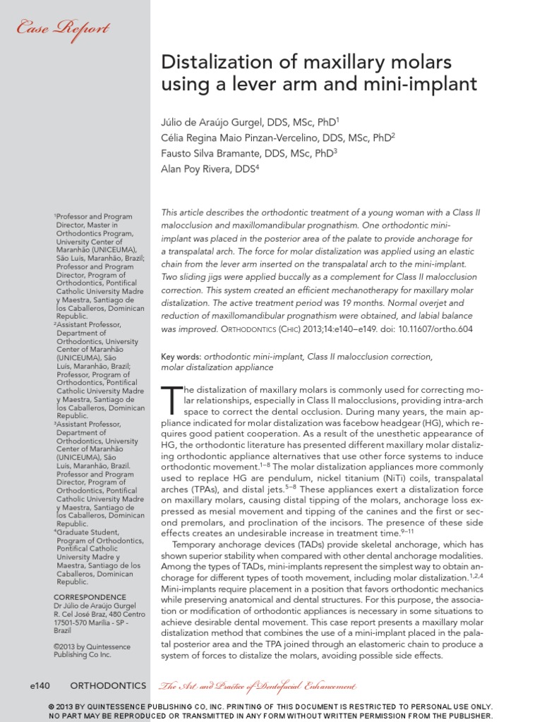 Distalization of Maxillary Molars Using A Lever Arm and Mini-Implant ...