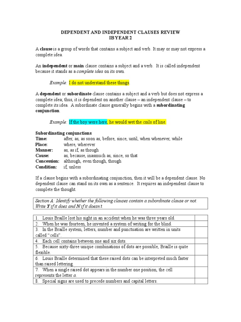 Independent and Dependent Clauses Worksheet | PDF | Clause | Linguistic ...